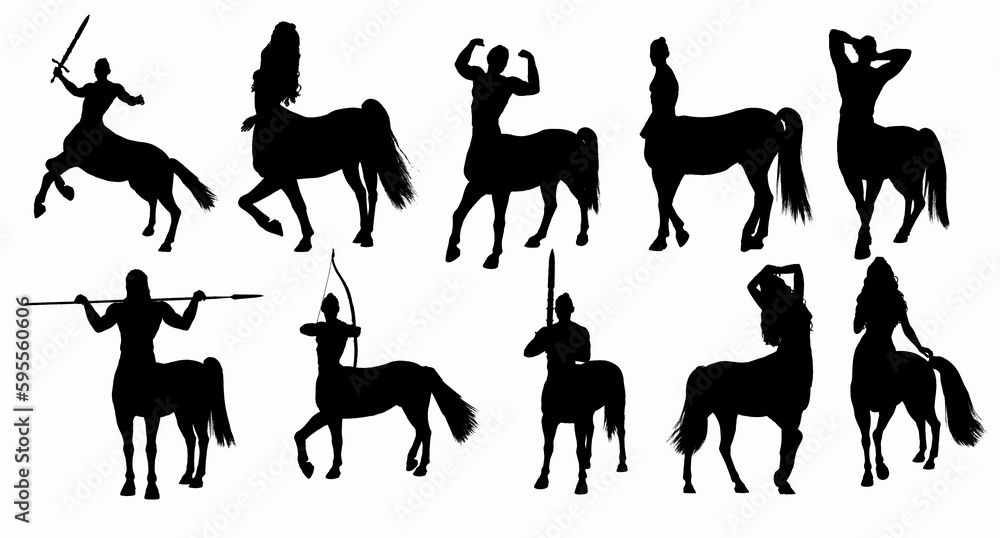 collection of silhouette male and female centaur with body posing ...