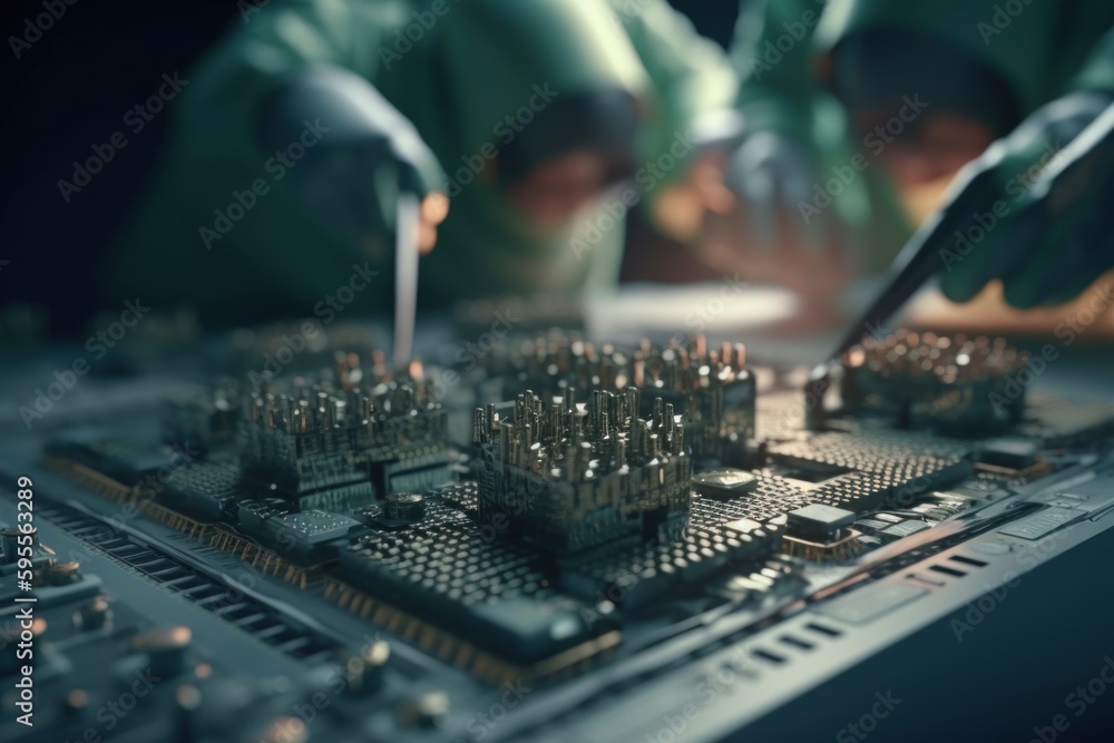 Close-up view of a computer motherboard and chipset, with its intricate ...