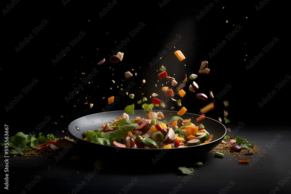 Frying pan tossing fresh vegetables in the air on the black background ...