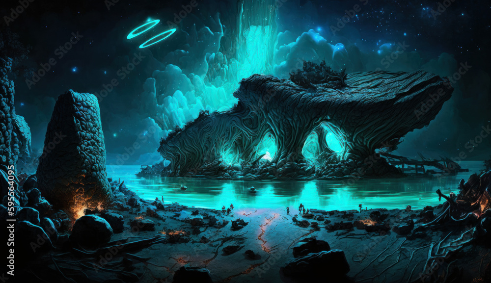 Bioluminescent beach made with generative AI--- Desktop background ...