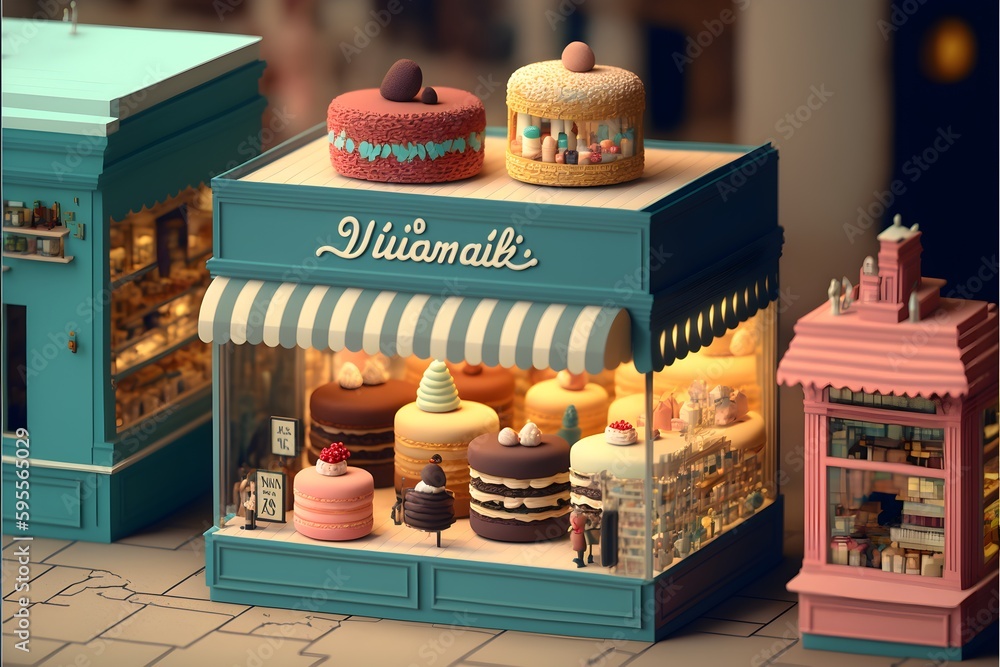 isometric voxel diorama of Jelly macaroons and cakes are lined up in a ...