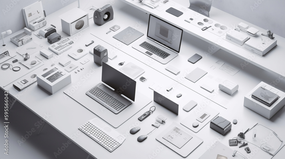 A mobile device management scene, set in a minimalist, modern office ...