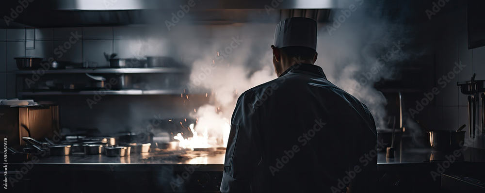A Chef entering his battleground. Chef in an restaurant kitchen, flame ...