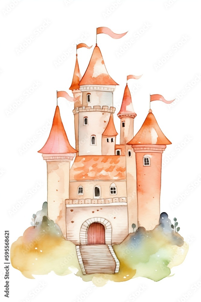 magical watercolor castle illustration, isolated on white background ...