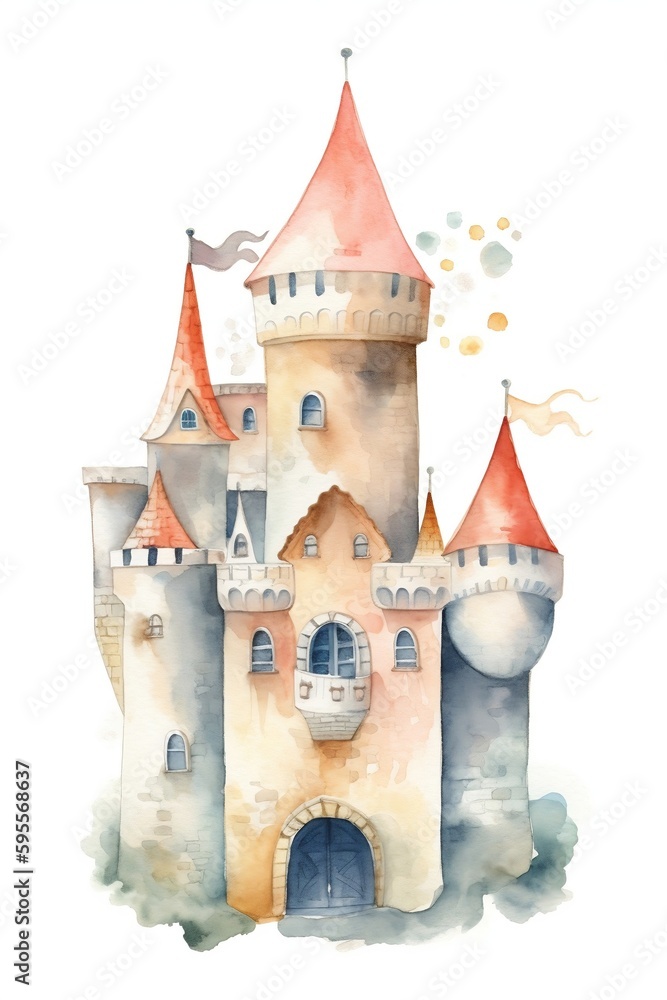 magical watercolor castle illustration, isolated on white background ...