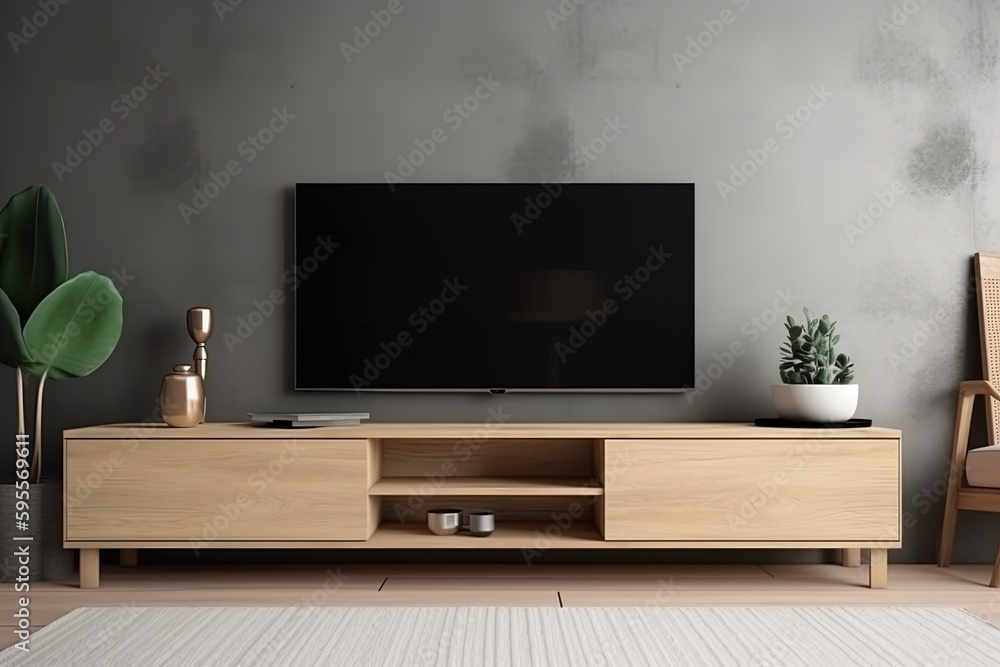 Television put on tv stand wood table, in minimal empty spave room ...