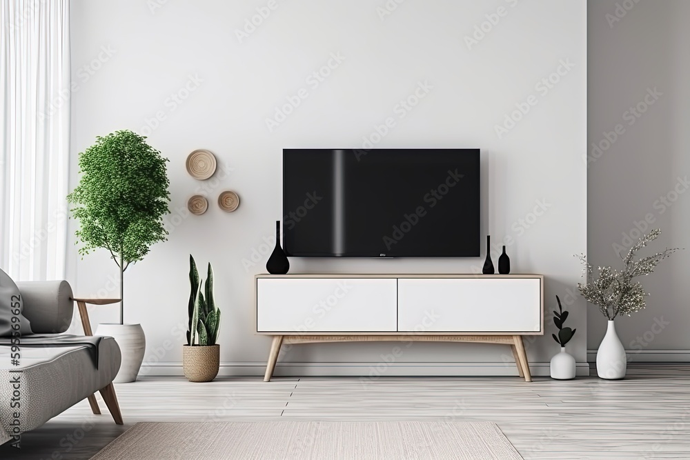 Television put on tv stand wood table, in minimal empty spave room ...