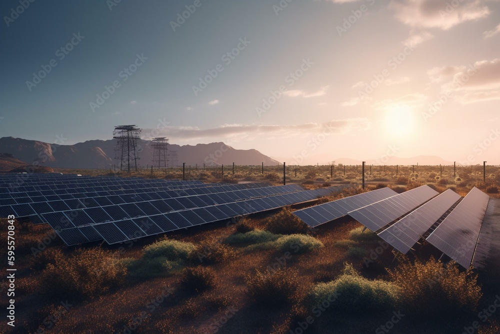 3D rendering of solar power plant using green technology to generate ...
