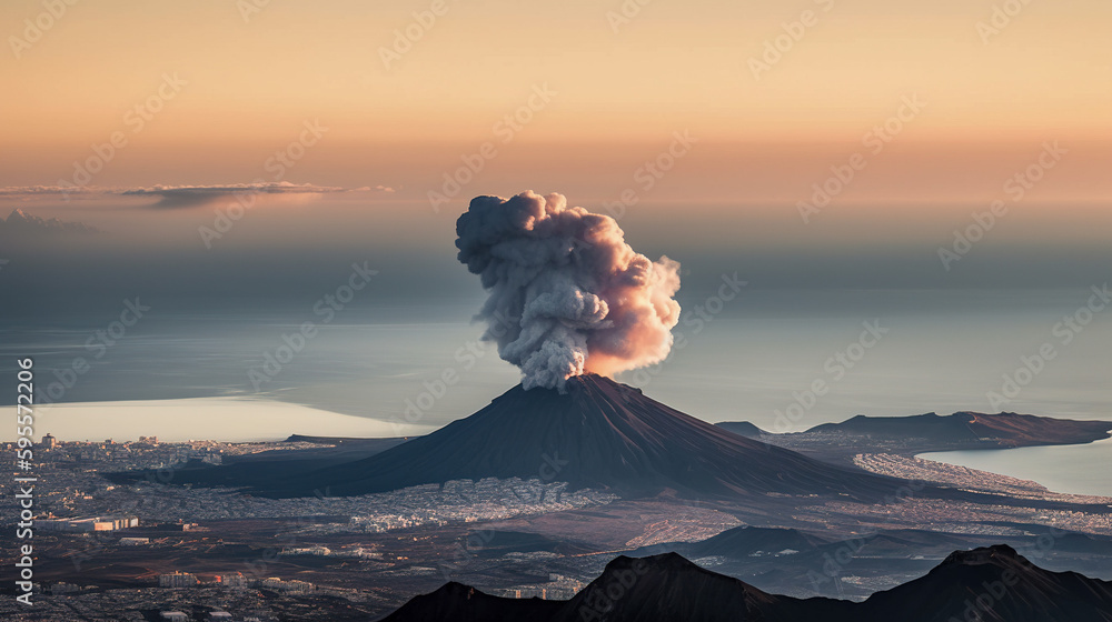 ภาพประกอบสต็อก City at Risk, Volcanic Eruption Above a City, A Rare and ...