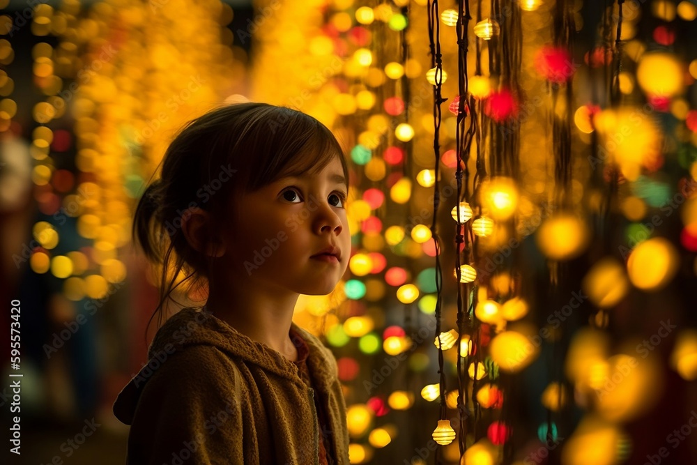colorful LED ribbon lights hanging down in front of a cute little girl ...