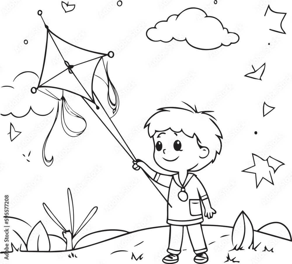 Coloring Page Outline Of cartoon boy running flying a kite. Coloring ...