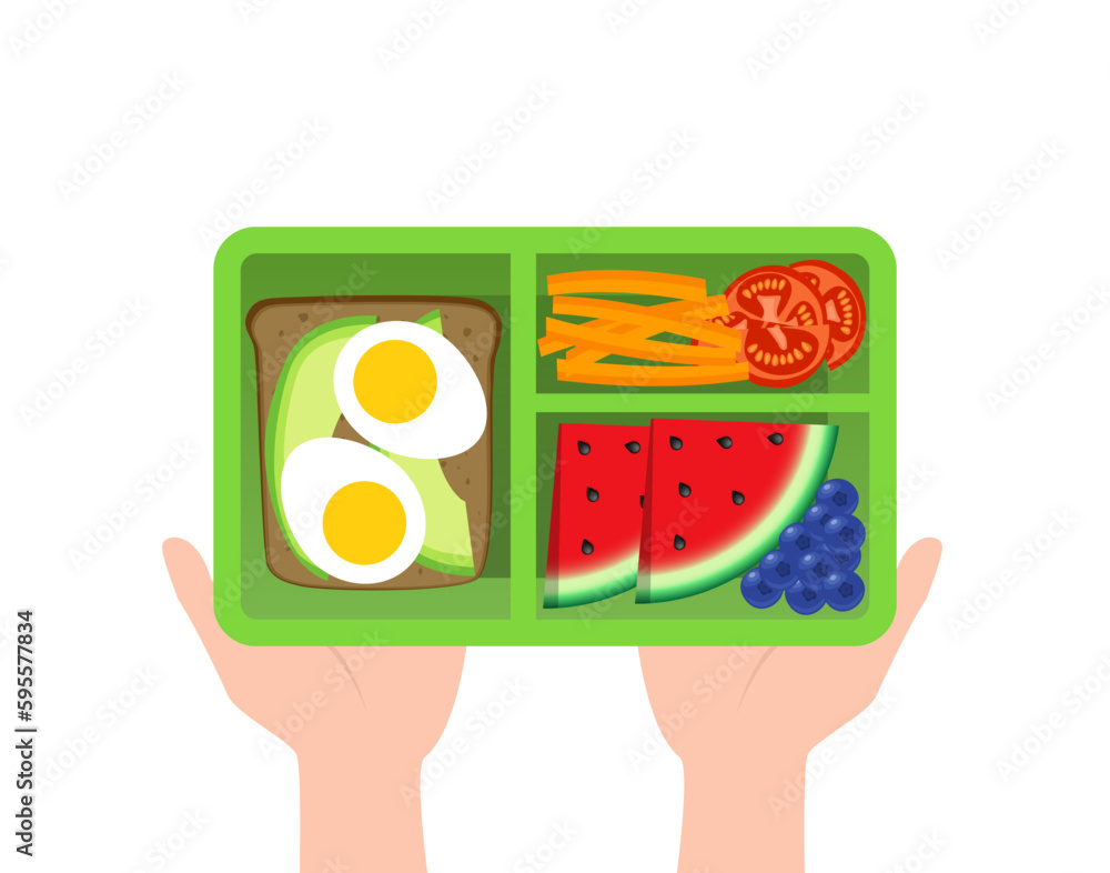 child hands with school lunch box container with healthy food sandwich ...