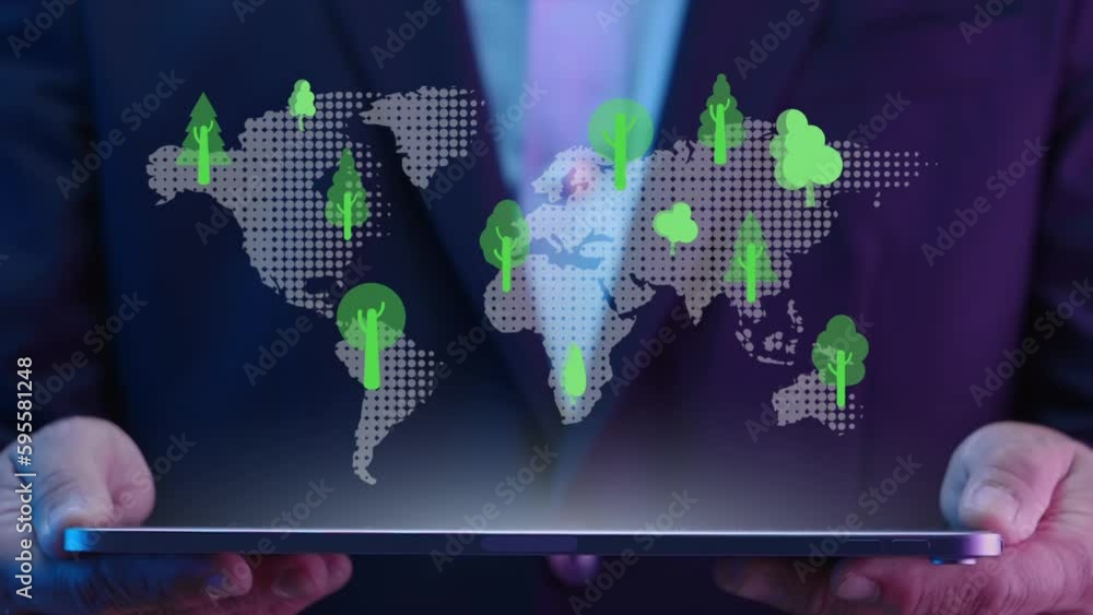 Businessman showing planet earth map with virtual tree icons. Net zero ...
