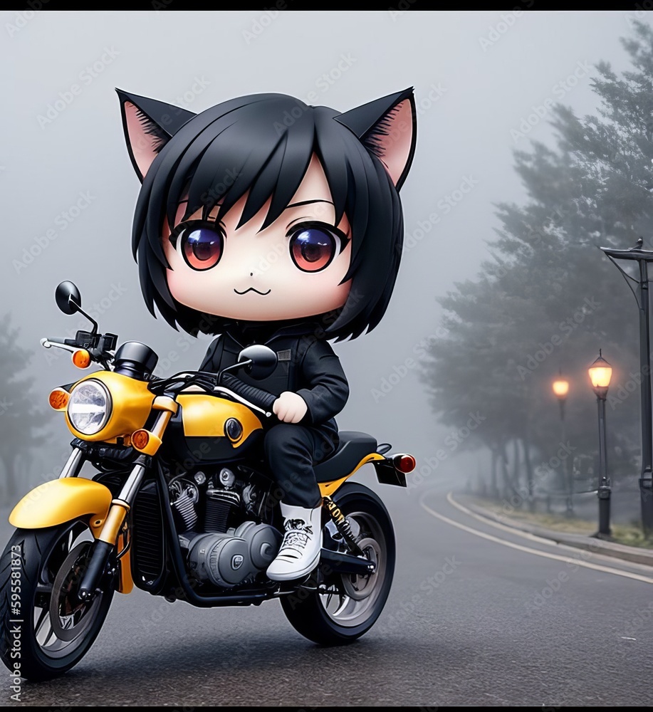 Cute chibi kitten, cat is a take-away worker, dressed in yellow clothes ...