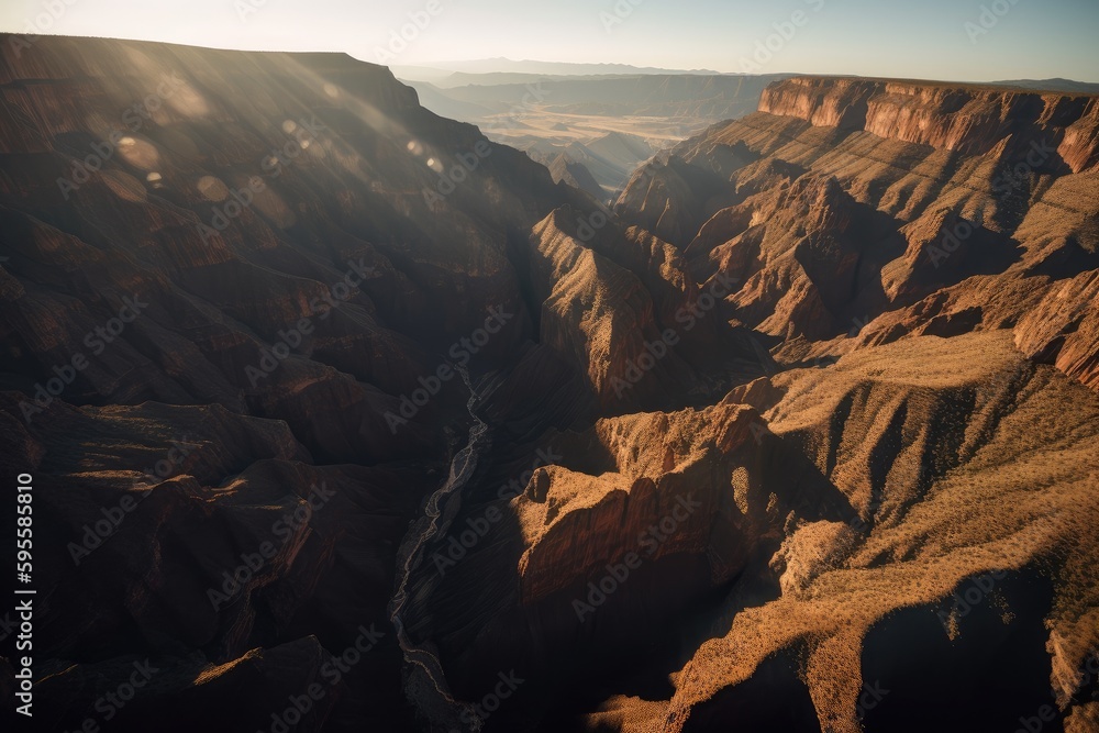 flyover of massive canyon, with the sunlight shining down and casting ...