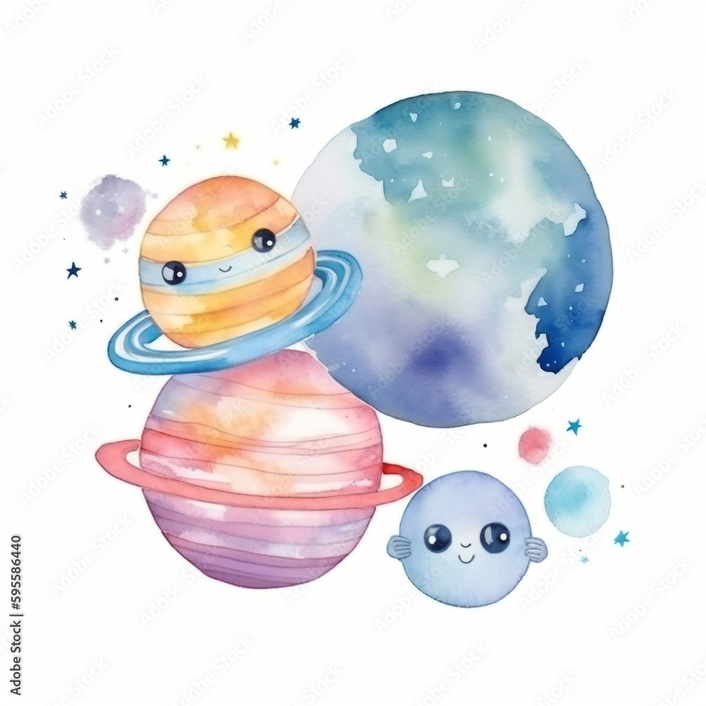 watercolor cute planets in space, vector illustration, white background ...