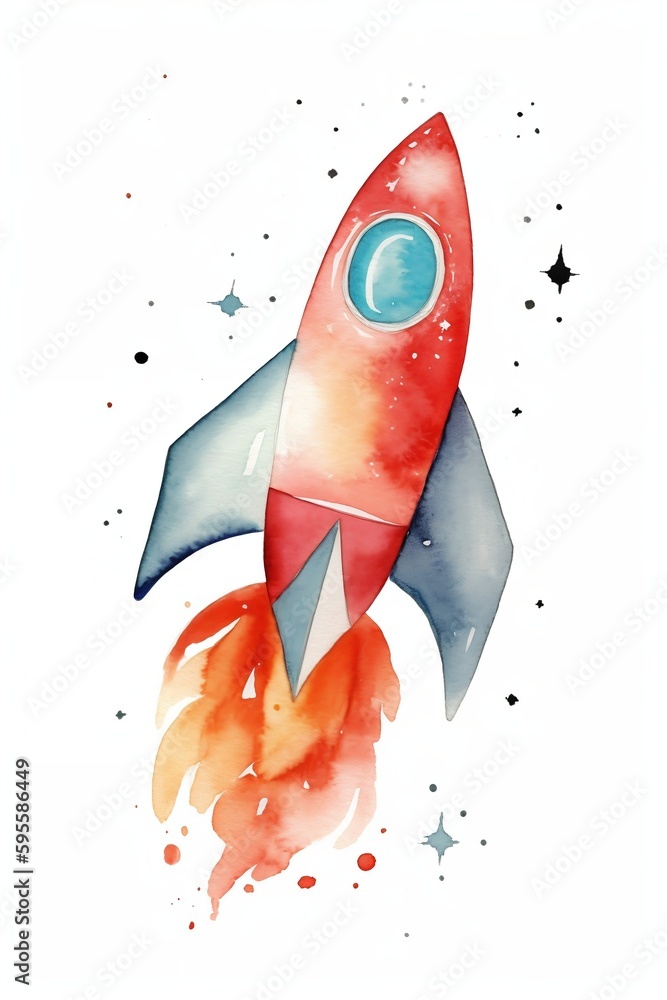 watercolor red rocket in space, vector illustration, white background ...