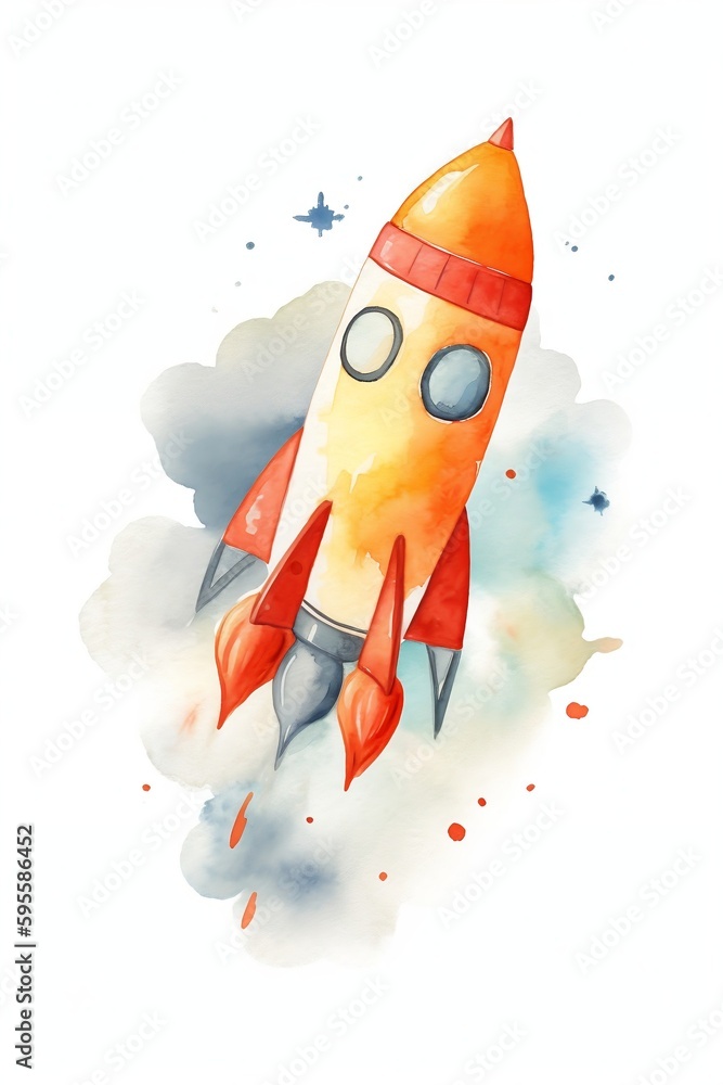watercolor orange rocket in space, vector illustration, white ...