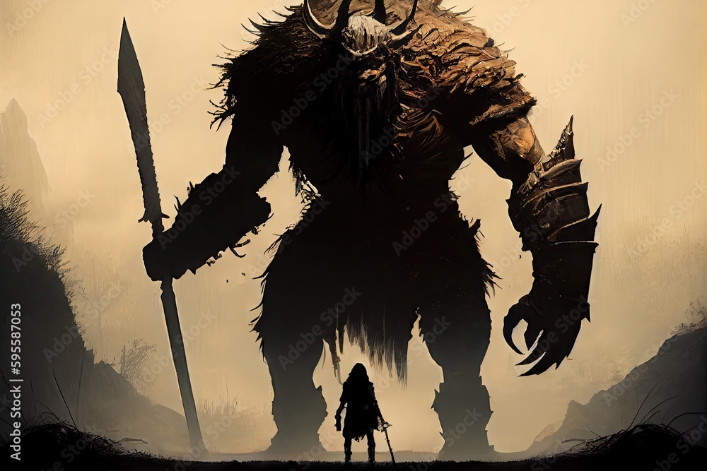 giant monster, towering over warrior with sword in hand, created with ...