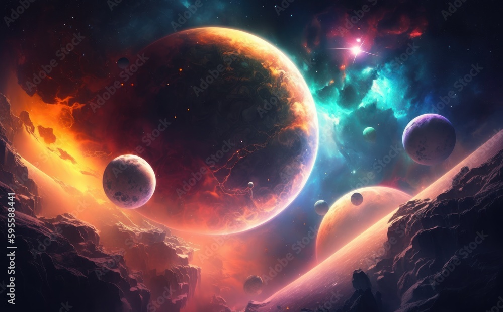 Colorful space background with planets and stars, painting style Stock ...