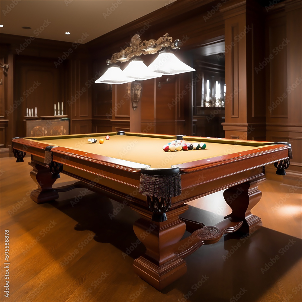big room with large wooden pool table. AI generated content Stock ...