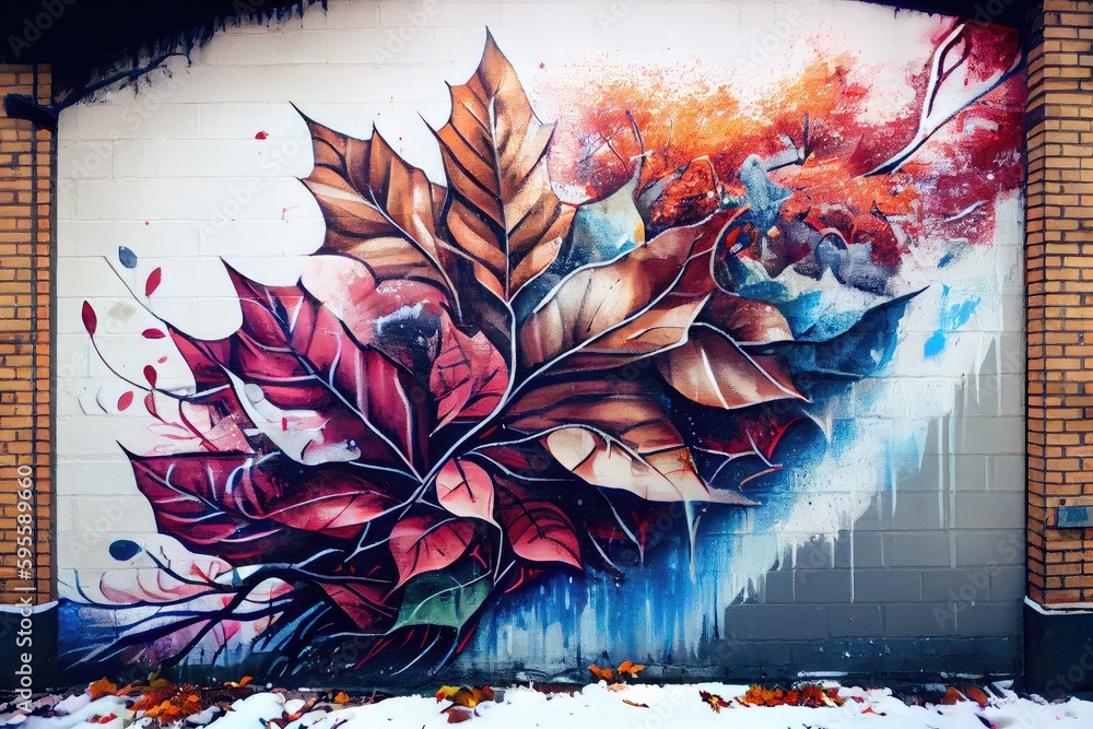 graffiti depicting the changing seasons, with autumn leaves and winter ...
