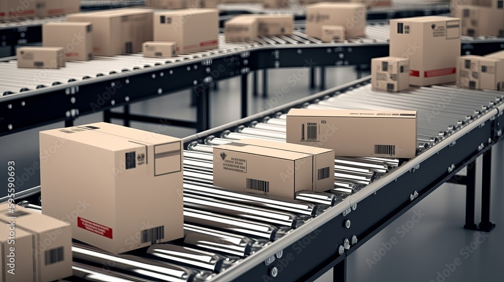 Cardboard boxes on conveyor rollers ready to be shipped by courier for ...