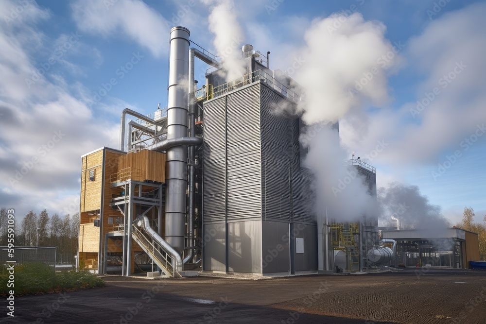 biomass plant, with heat and steam rising from the biomass boiler ...