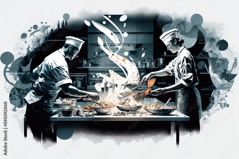dynamic kitchen with chefs, cooking and plating up a variety of dishes ...