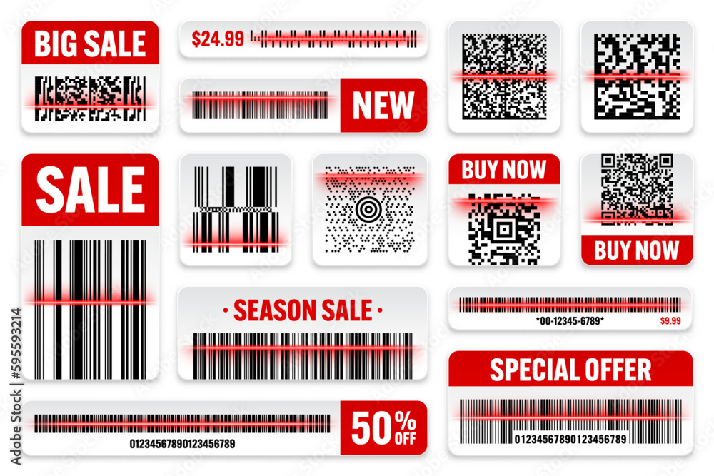 Product barcodes and QR codes with red scanning line. Sale stickers ...