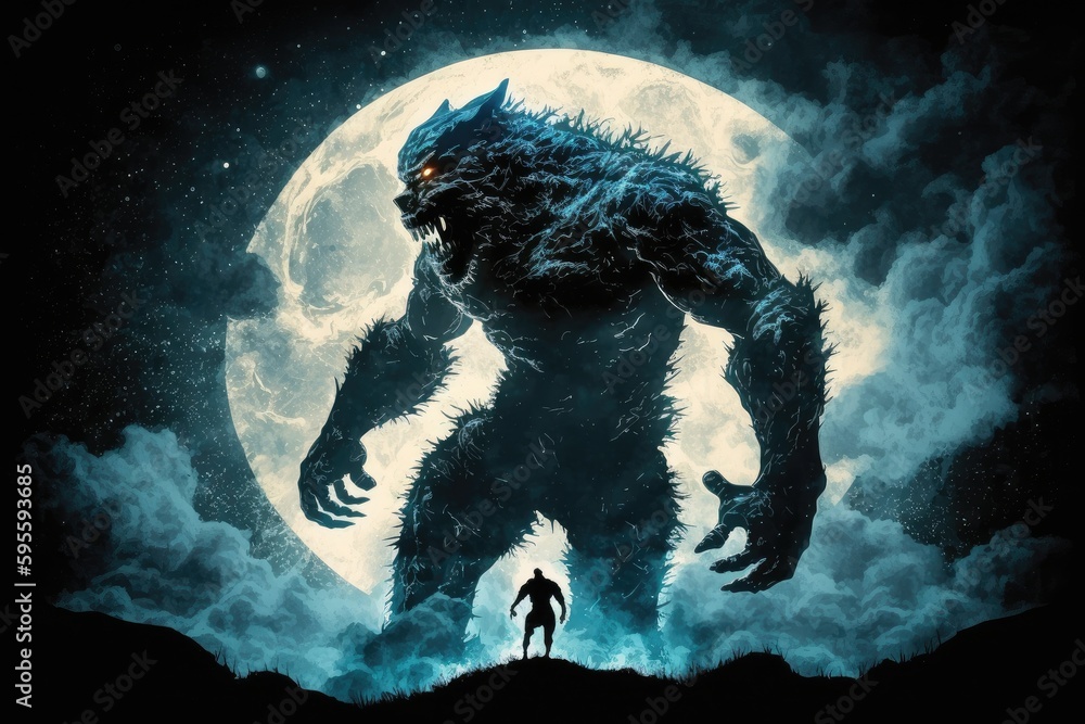 werewolf in the midst of full moon, howling into the night sky, created ...