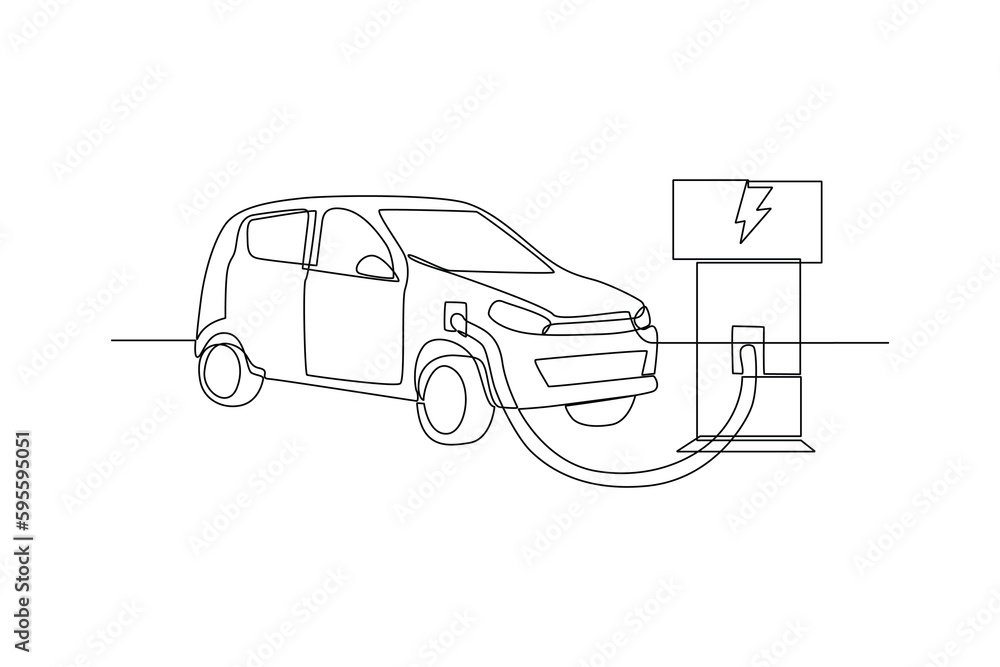 Continuous one line drawing Electric car at charging station. Electric ...