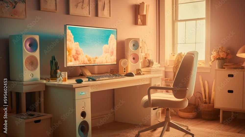 Cozy Pastel Gaming Setup, Extra-Wide Curved Monitor, PC Case on Desk ...