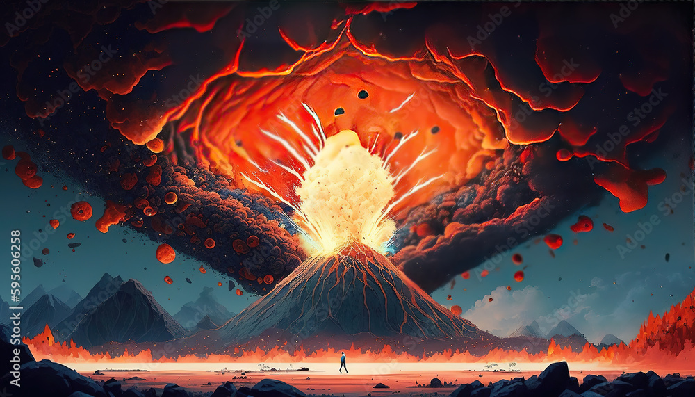 a volcano is exploding in an impressive way, artwork in cartoon style ...