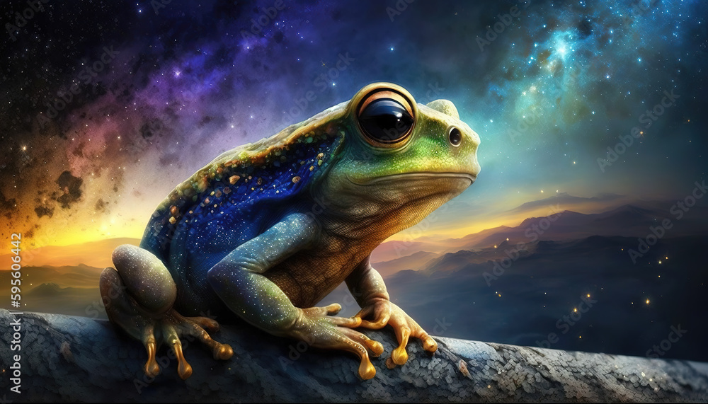 a wise older frog in space on a little tree, scifi background ...