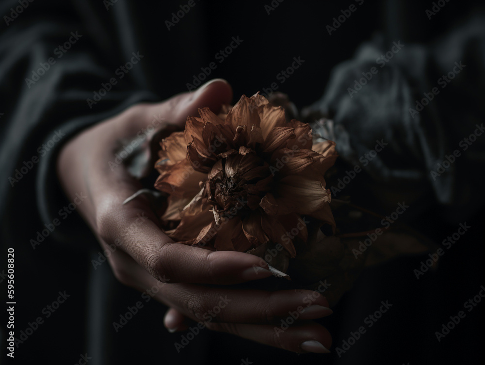 Symbol of depression, dark scene hands holding a withered flower ...