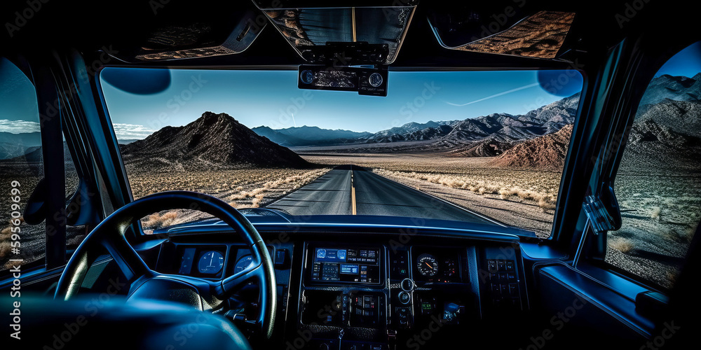 semi truck on the highway, view of the road from the truck cab ...