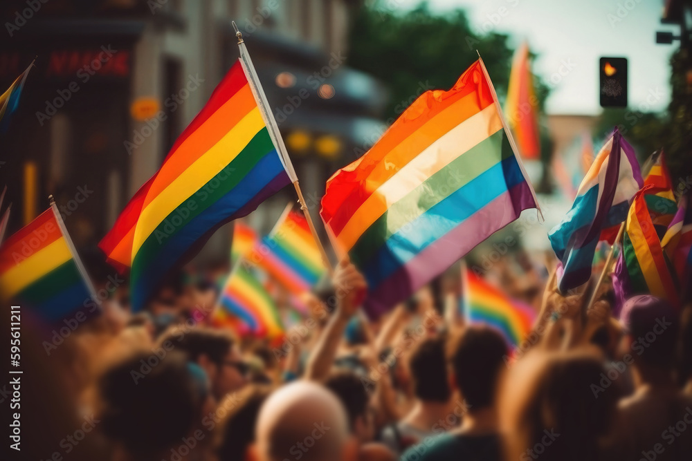 AI generated closeup rainbow flags of LGBT community blowing in wind at ...