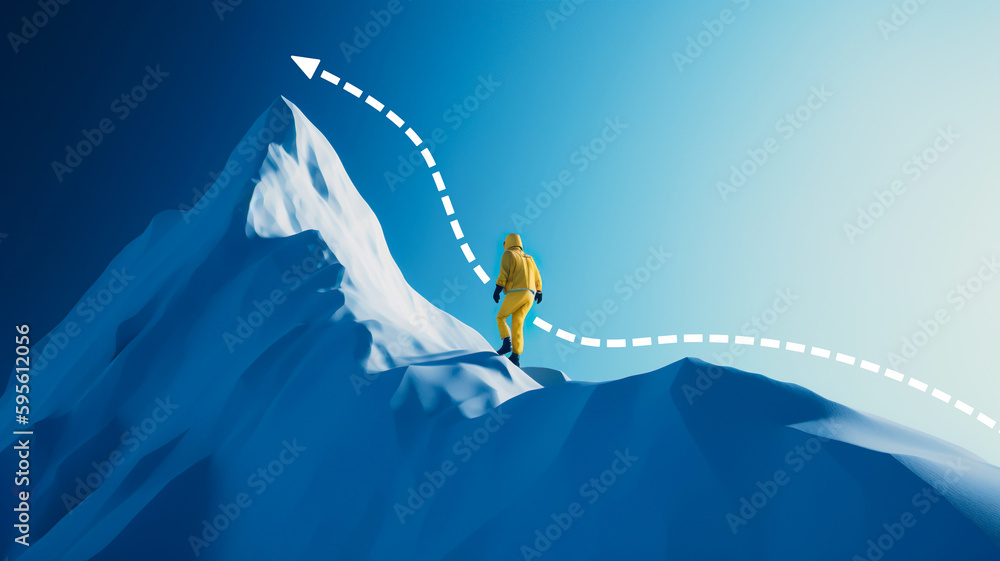 Goal to success for level up with person climbing on route slope to ...