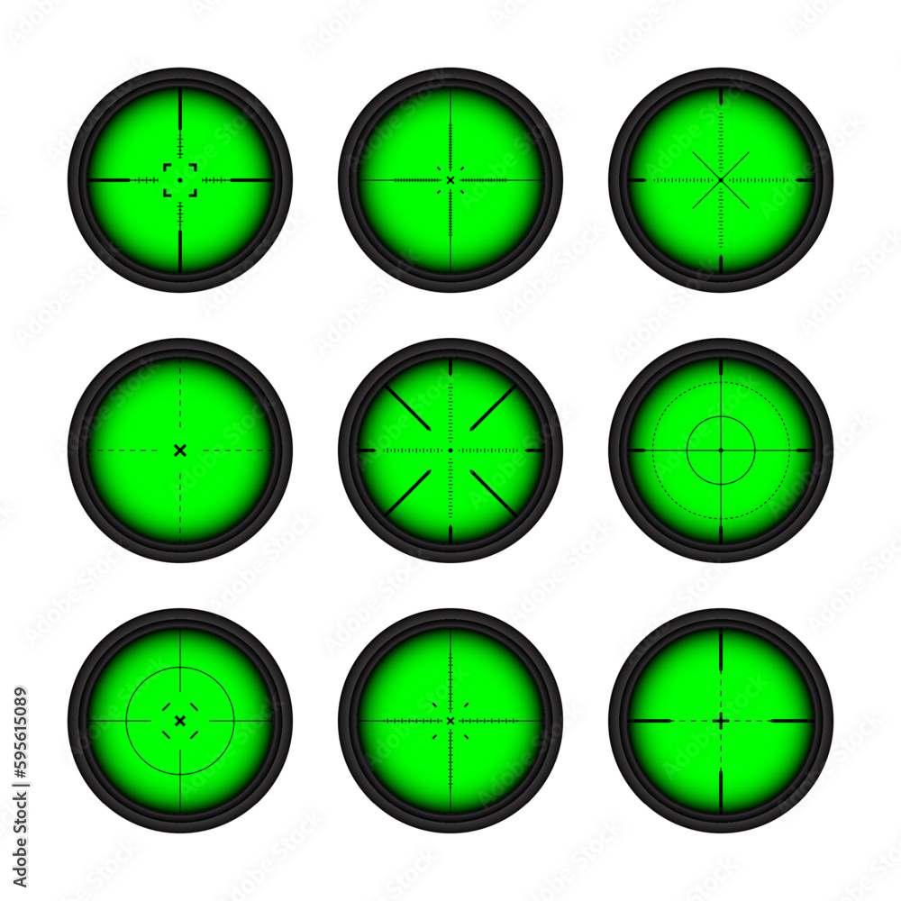 Various weapon night sights, sniper rifle optical scopes. Hunting gun ...