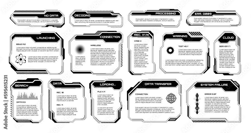 Black futuristic HUD, UI elements. Sci-fi user interface text boxes ...