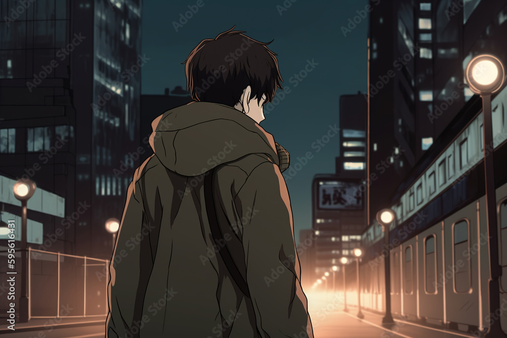 Sad anime guy walking alone on city street. AI generated image ...
