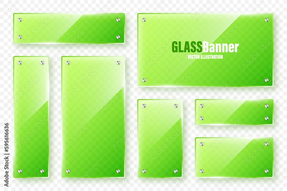 Realistic glass frames collection. Green transparent glass banners with ...