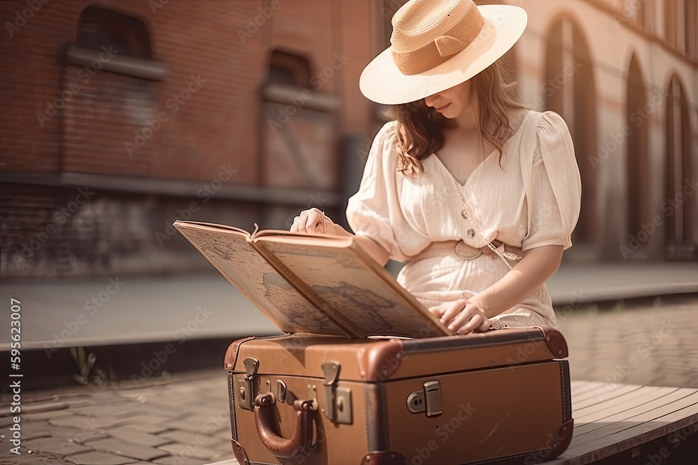 Independent Traveler: Young Woman Seated on Suitcase, Studying a Map ...