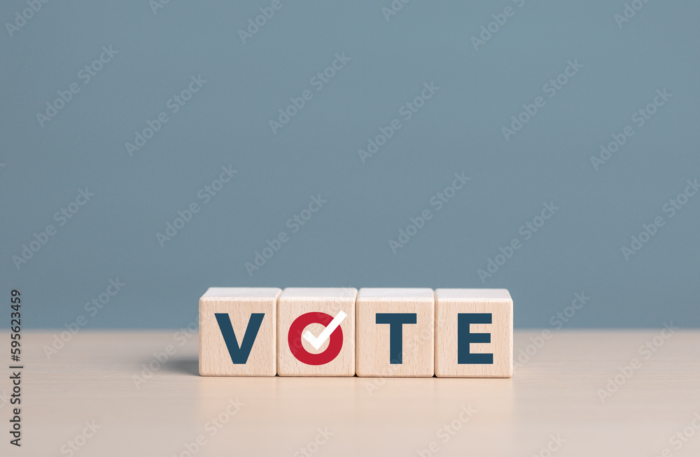 Election voting concept. Vote word with checkmark symbol on wooden cube ...