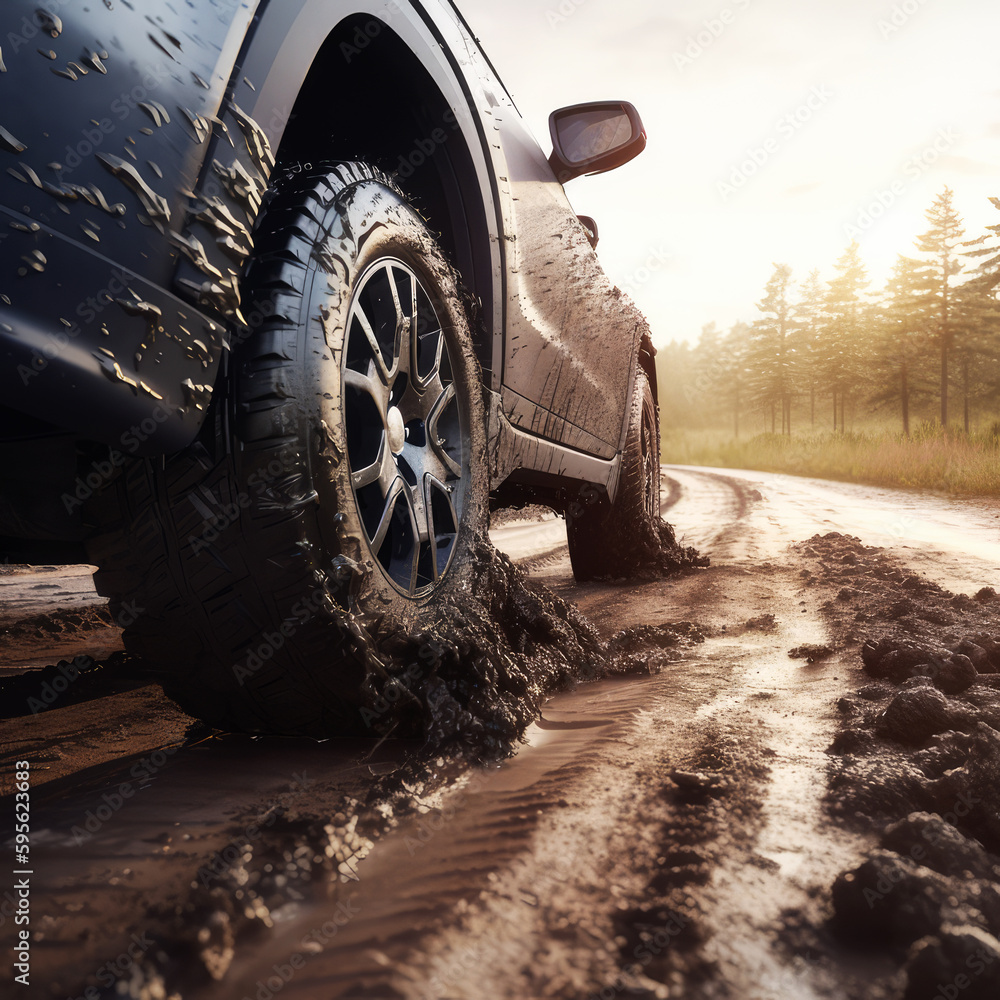 versatility of a car tire with a photograph of a car driving on a muddy ...
