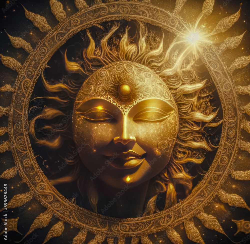 Magic beautiful stylized sun. An ancient depiction of the face of the ...