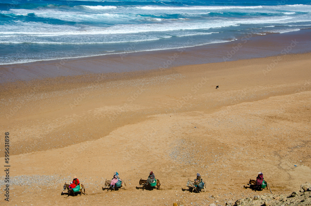 Mule-driven workers moving along a beach on the Atlantic Ocean in ...