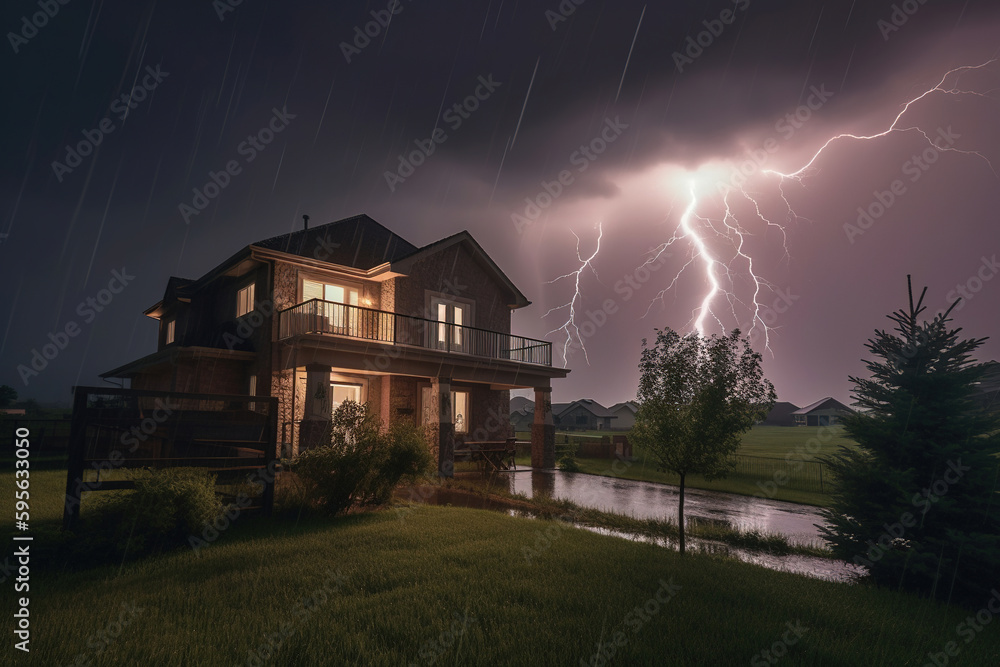 Lighting storm over a suburban house Stock Illustration | Adobe Stock