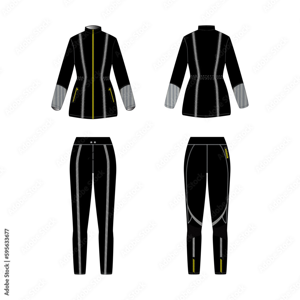Womens black running set technical CAD mockup, fashion illustration ...
